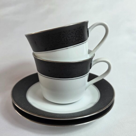 Noritake | Dining | Two Noritake Mirano Cup And Saucer Sets White With Etched Flowers On Black ...